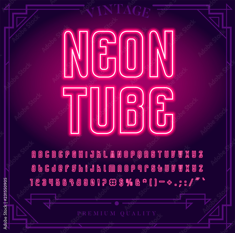 Bright Neon Alphabet Letters, Numbers and Symbols Sign in Vector. Night ...