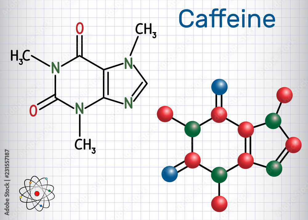 Caffeine molecule. Structural chemical formula and molecule model ... Caffeine molecule. Structural chemical formula and molecule model ...
