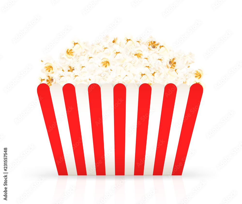 Realistic white pop corn bucket with red strips. Vector illustration ...