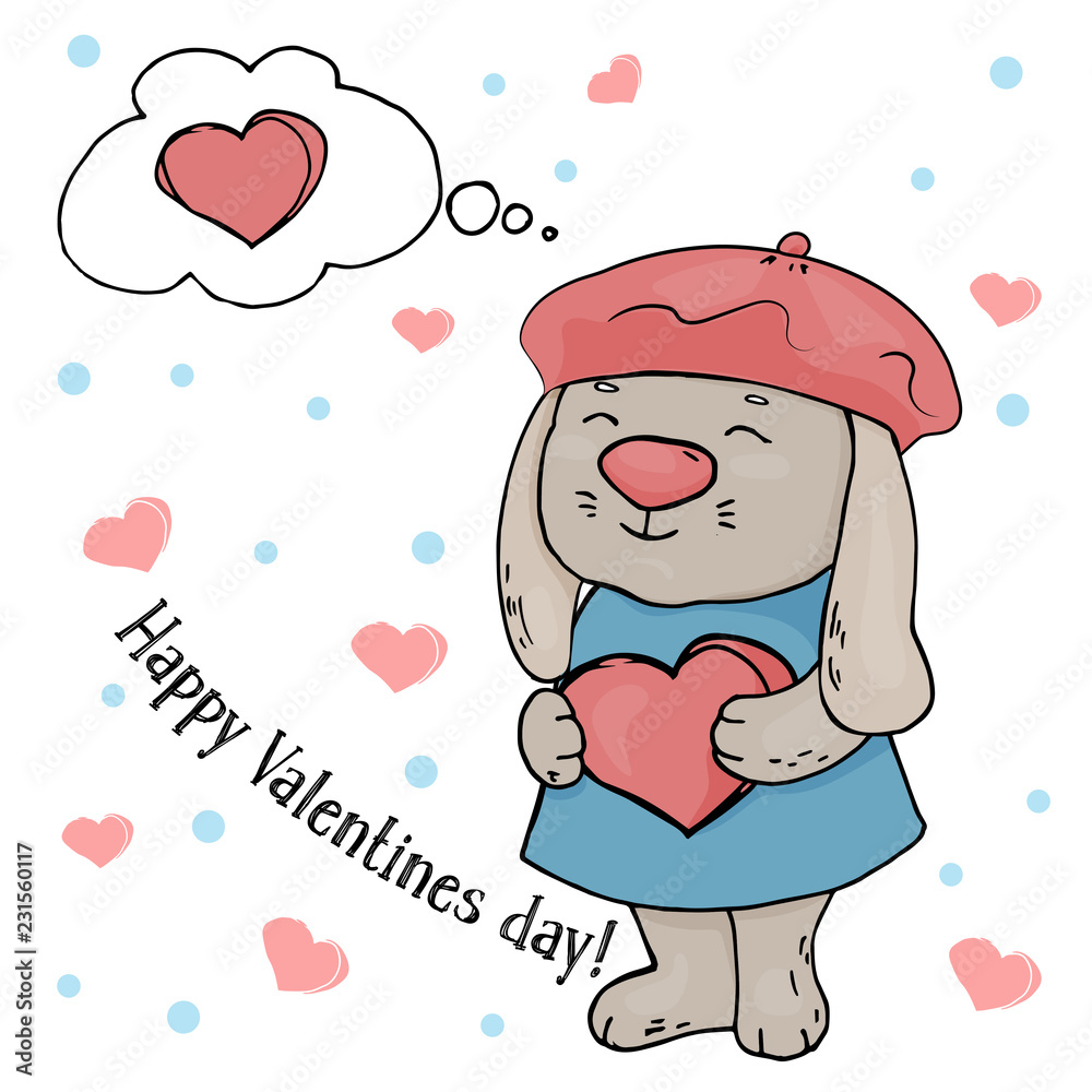 Cute rabbit in love in a pink beret and with a heart in his hands ...