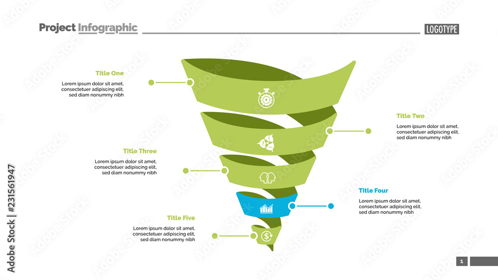 Five spiral turns process chart slide template. Business data. Step ...