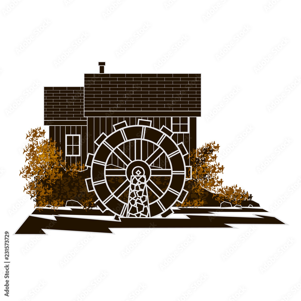 Graphic brown moncromatic image of a water mill with a circular ...
