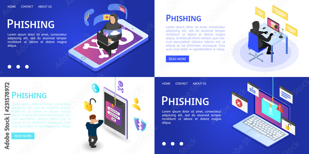 Phishing banner set. Isometric set of phishing vector banner for web ...