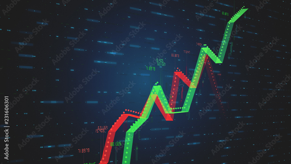 Two growing linear 3d illustration graphics showing positive and ...