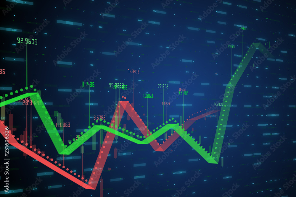 Two growing linear 3d illustration graphics showing positive and ...
