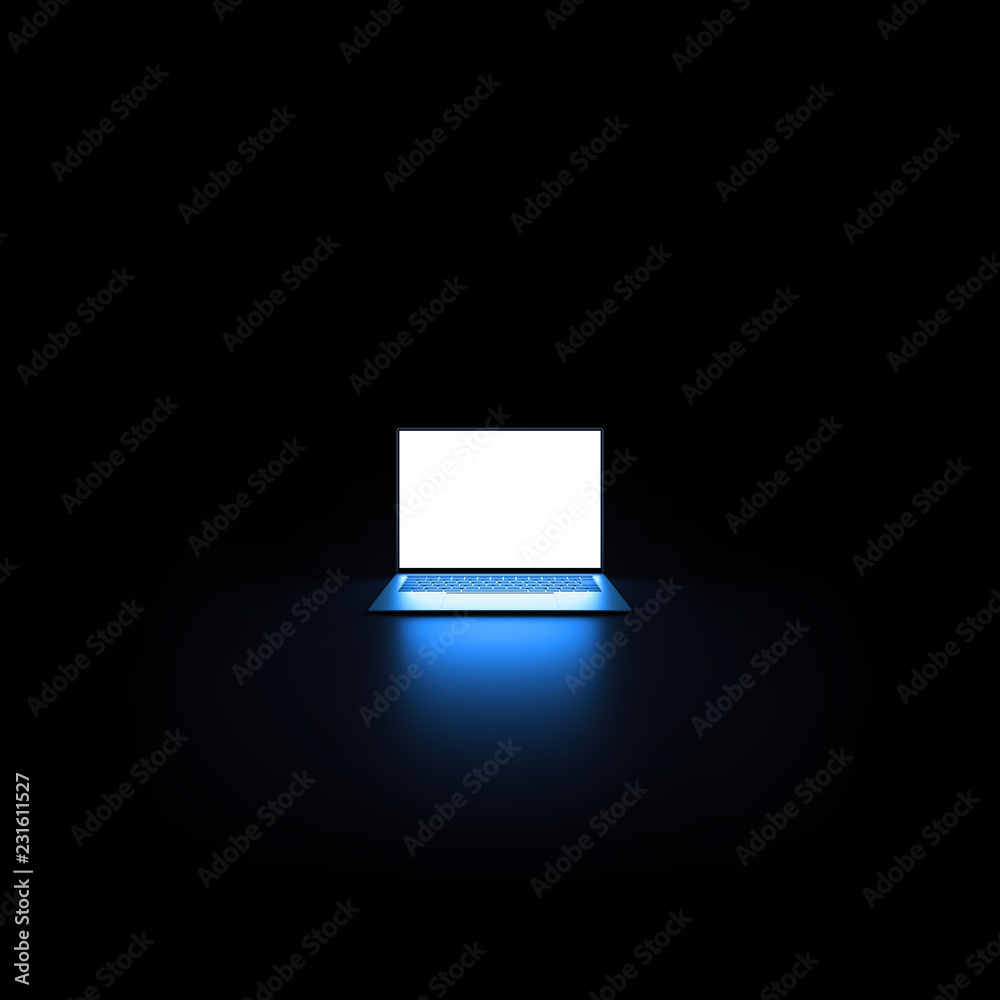 laptop computer with white screen on black background. Stock ...