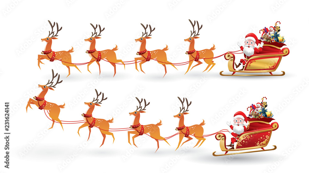 Cartoon set of Christmas Santa Claus rides reindeer sleigh on Christmas ...