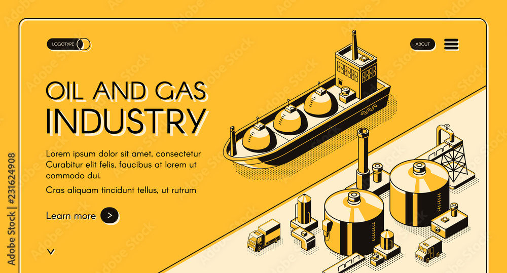 Oil and gas industry isometric vector web banner. Petroleum tanker, LNG ...