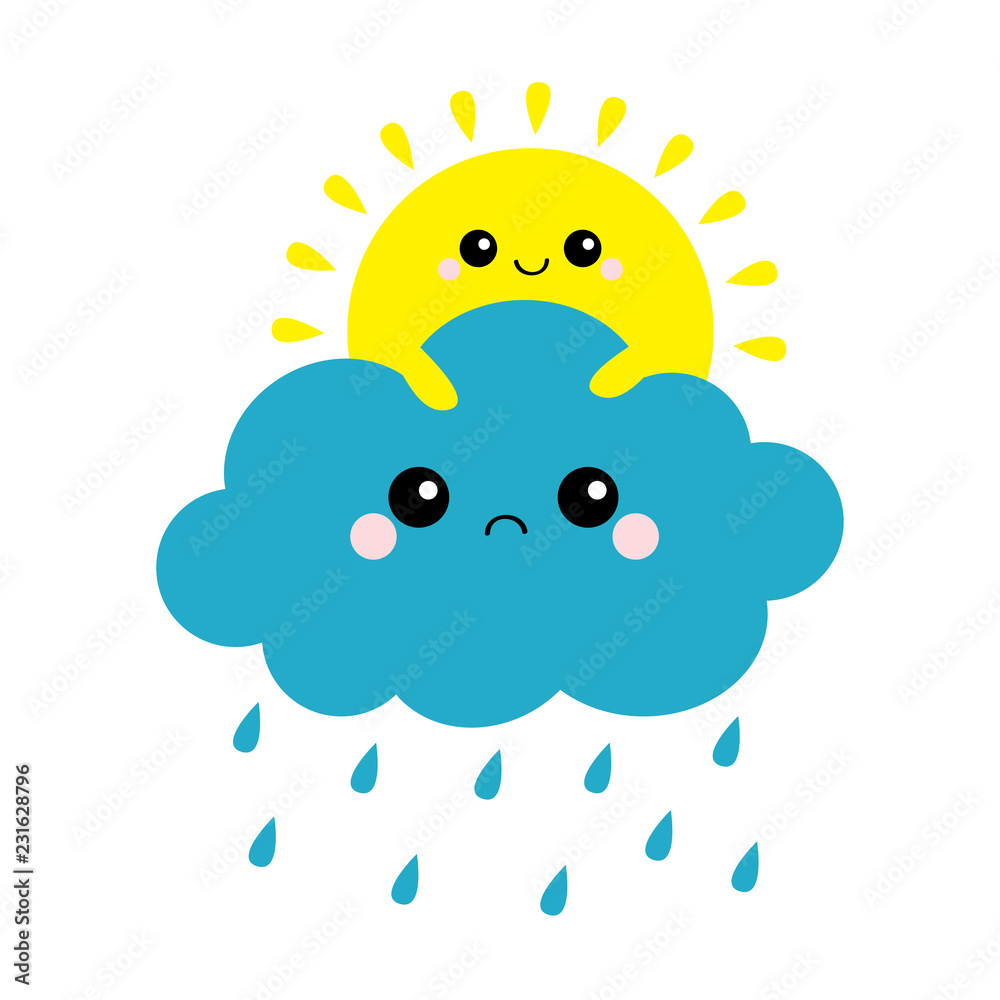 Sun holding cloud set. Rain drop weather. Smiling and sad face. Friends ...