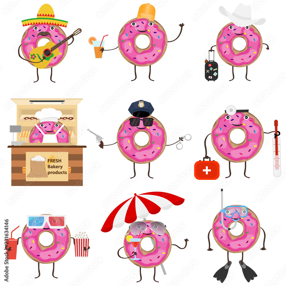 Cartoon donuts, animated donuts. A set of funny donuts. Flat design ...