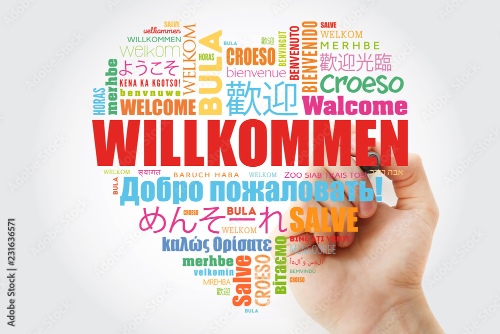 Willkommen (Welcome in German) love heart word cloud in different ...