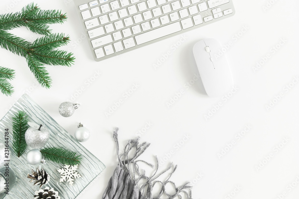 Christmas elegant home office desk with computer, fir tree branches ...