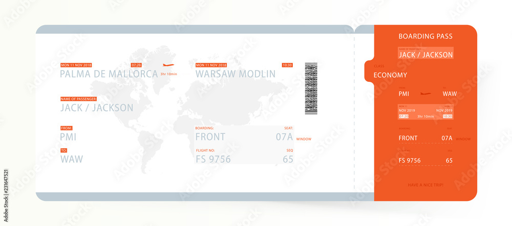 Vetor de Airline Boarding Pass with World Map. Template ticket for ...