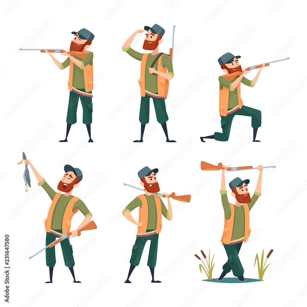 Cartoon hunters. Various characters of hunters at action poses. Hunter ...