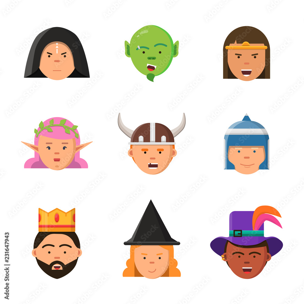 Fantasy game avatars. Fairy tale characters elf wizard king warrior ...