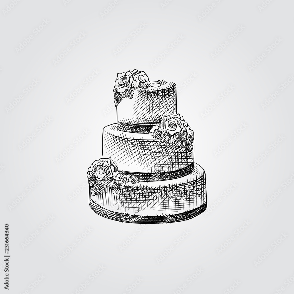 Hand Drawn wedding cake with floral decoration Sketch Symbol isolated ...