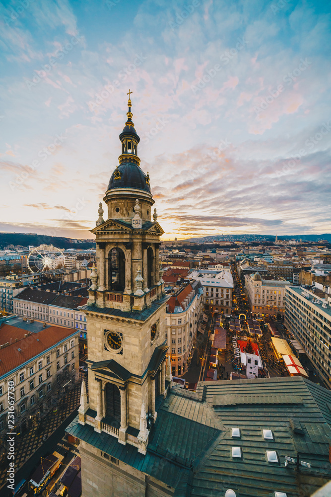 Budapest as seen from the St Stephen Basilica tower with christmas ...