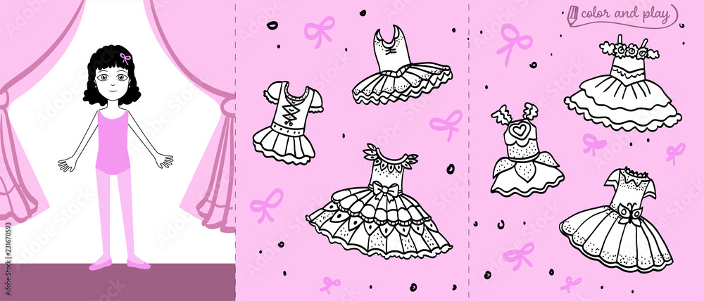Little ballet dancer on stage. Colored paper doll in cartoon style with ...