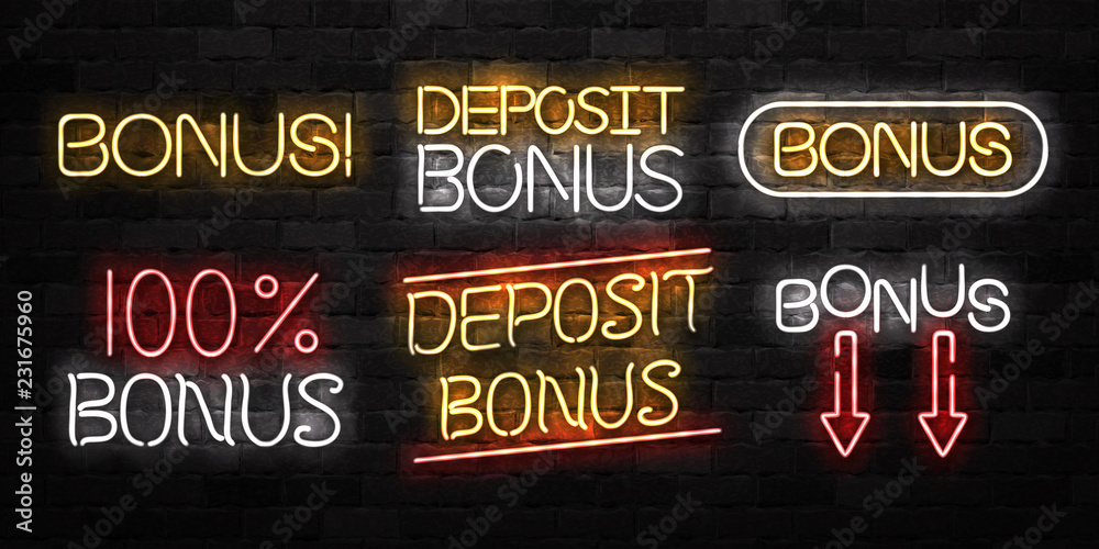 Vector set of realistic isolated neon sign of Bonus logo for decoration ...
