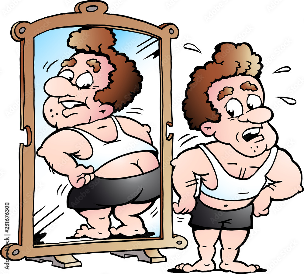 Cartoon Vector illustration of a fit Man as he thinks he looks fat ...