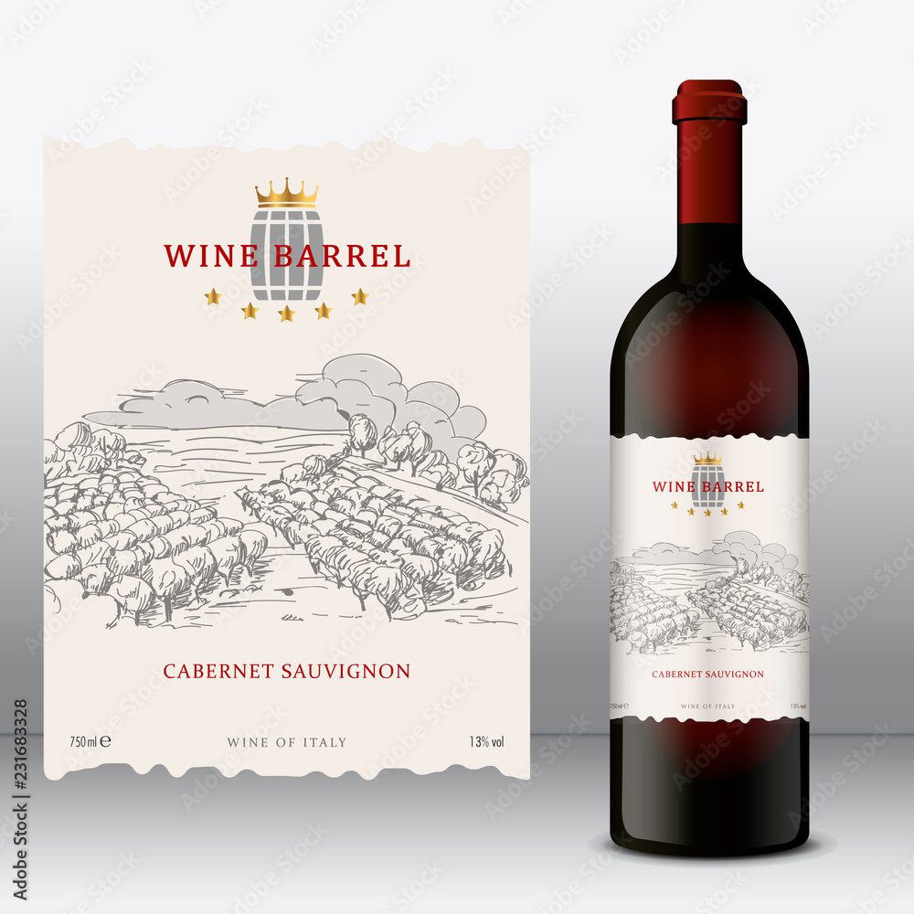 Modern Wine Label with bottle. Front Label Stock Vector | Adobe Stock