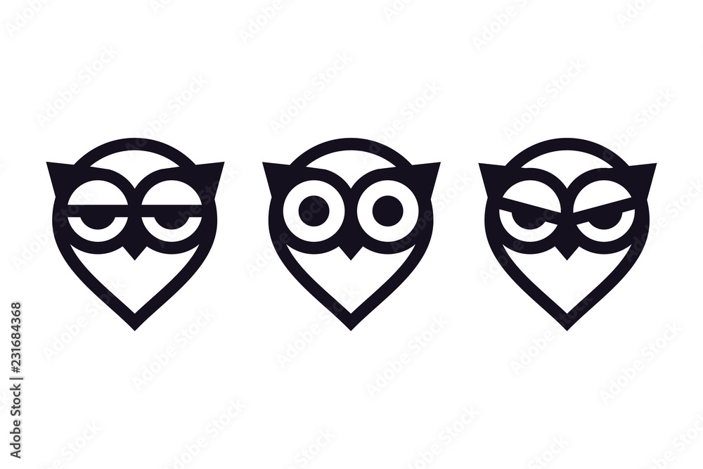 Owl outline icons collection. Set of outline owls and emblems design ...