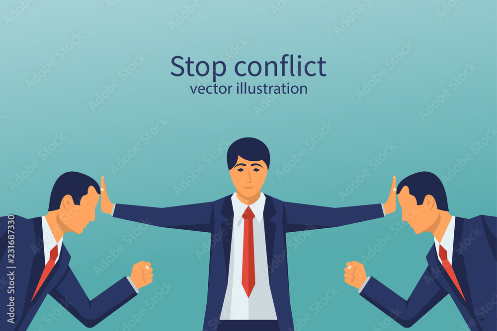 Stop conflict. Businessman referee finds compromise. Mediator solving ...