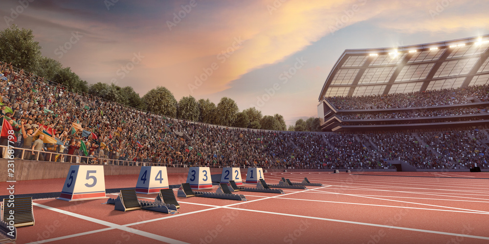 Running track 3D illustration. Professional athletics stadium. Starting ...