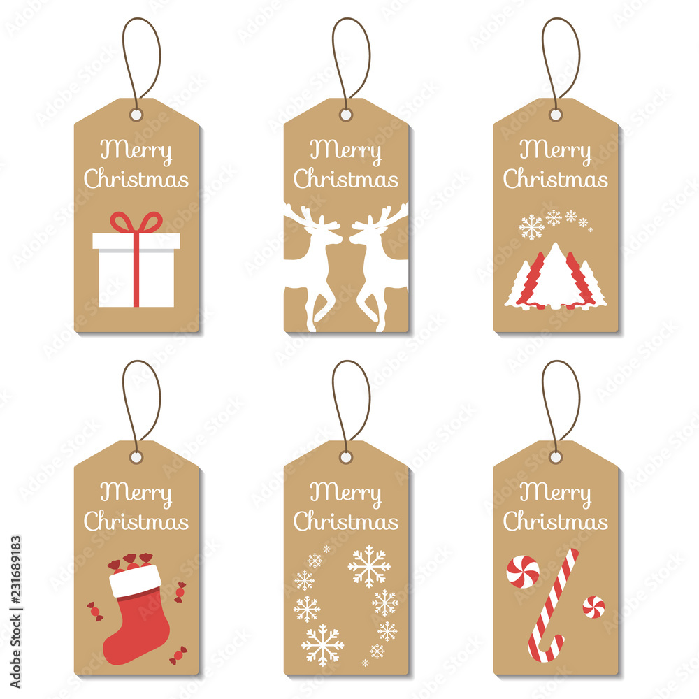 Christmas gift and price tag set with hanger and cardboard background ...
