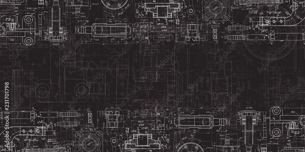 Technical Drawing on a black background.Mechanical Engineering drawing ...