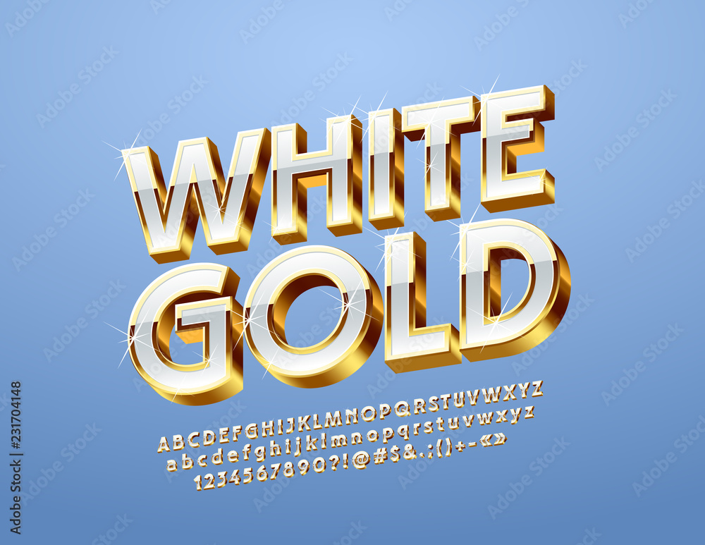 Vector Gold and White Chic Font with Stars. Rotated 3D Alphabet Letters ...