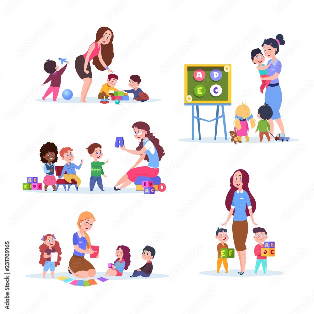 Cartoon Kids Playing In Classroom