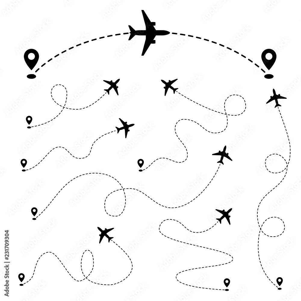 Airplane paths. Plane dashed tracing line from point. Vector set ...
