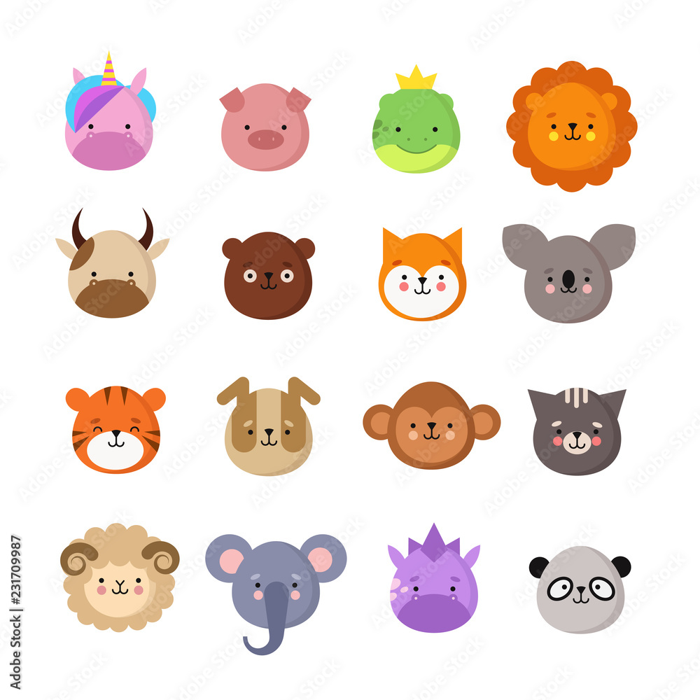 Cute animals faces. Dog and cat, cow and fox, unicorn and panda. Animal ...