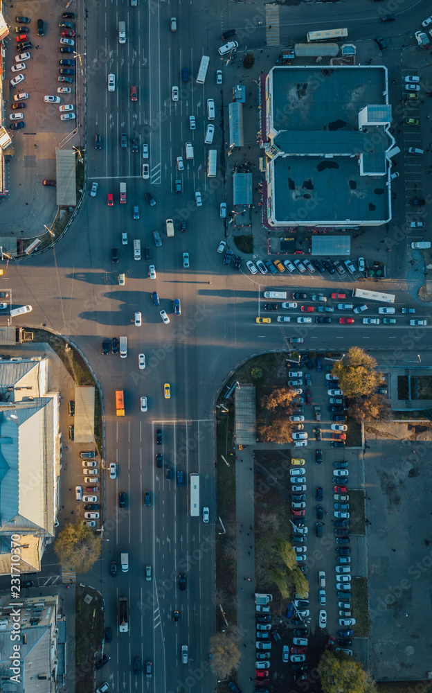 Top view of road intersection and parking lot taken by drone Stock ...