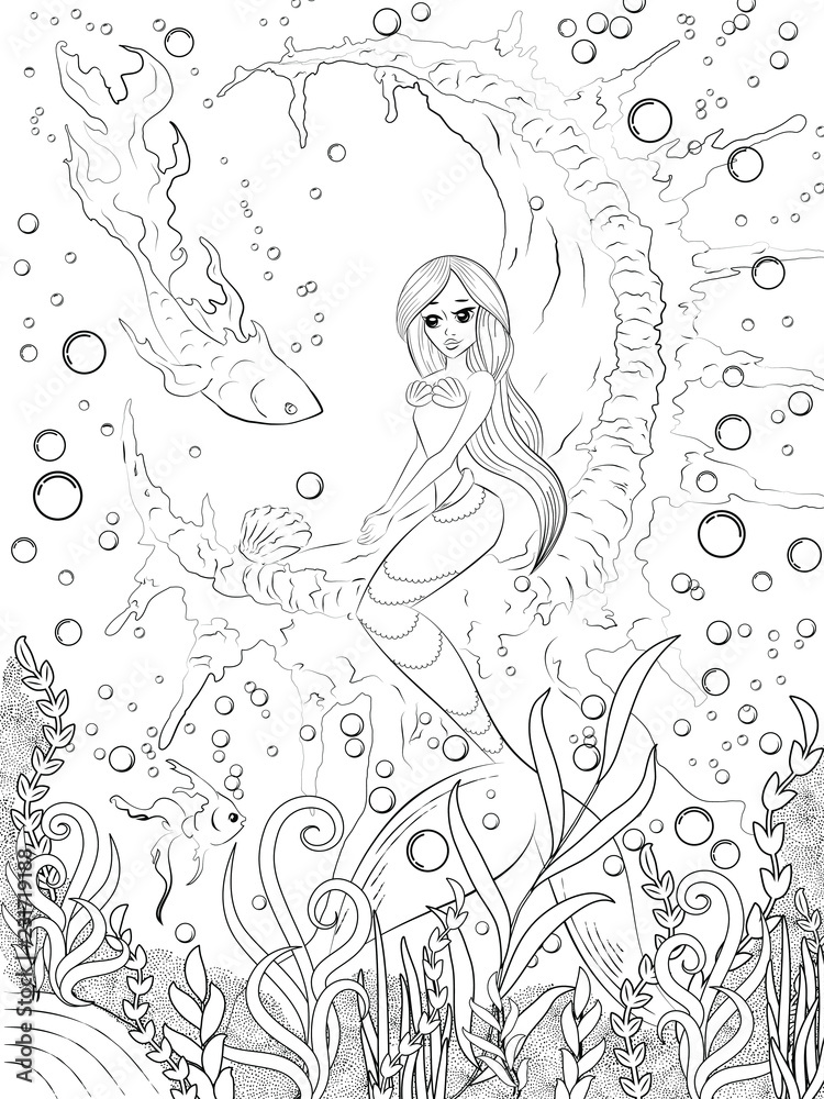 Beautiful sea mermaid with a shell. Mermaid. Vector coloring page ...