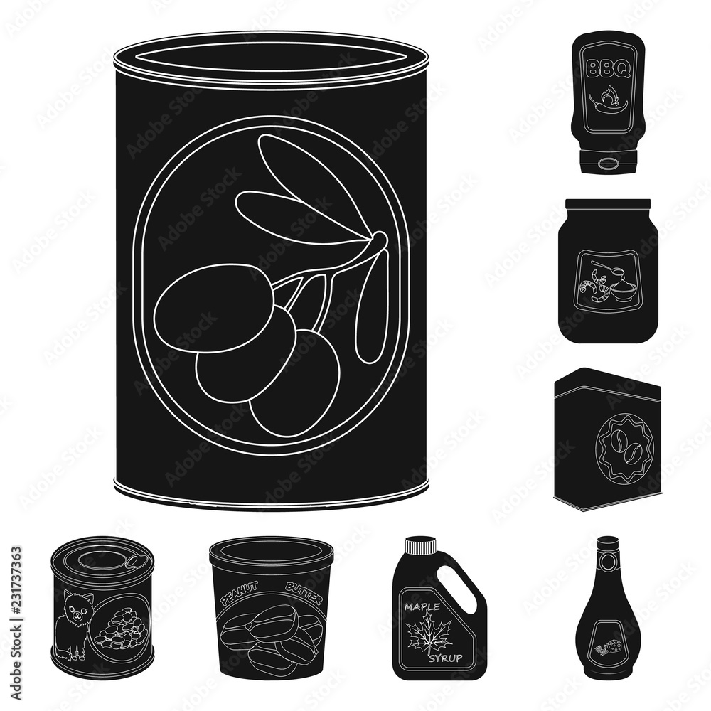 Vector illustration of can and food symbol. Collection of can and ...