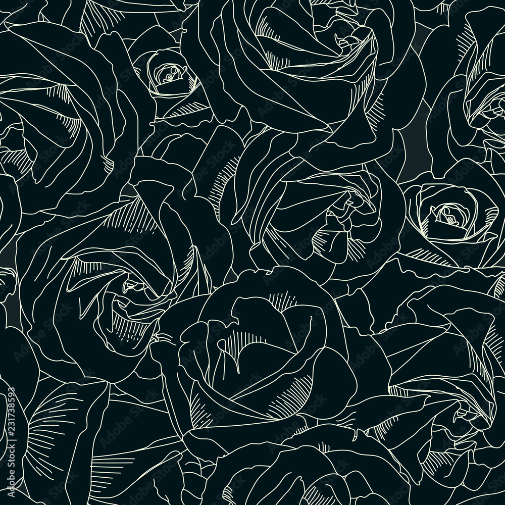 Roses bud outlines. Seamless pattern with flowers of roses. Hand-drawn ...