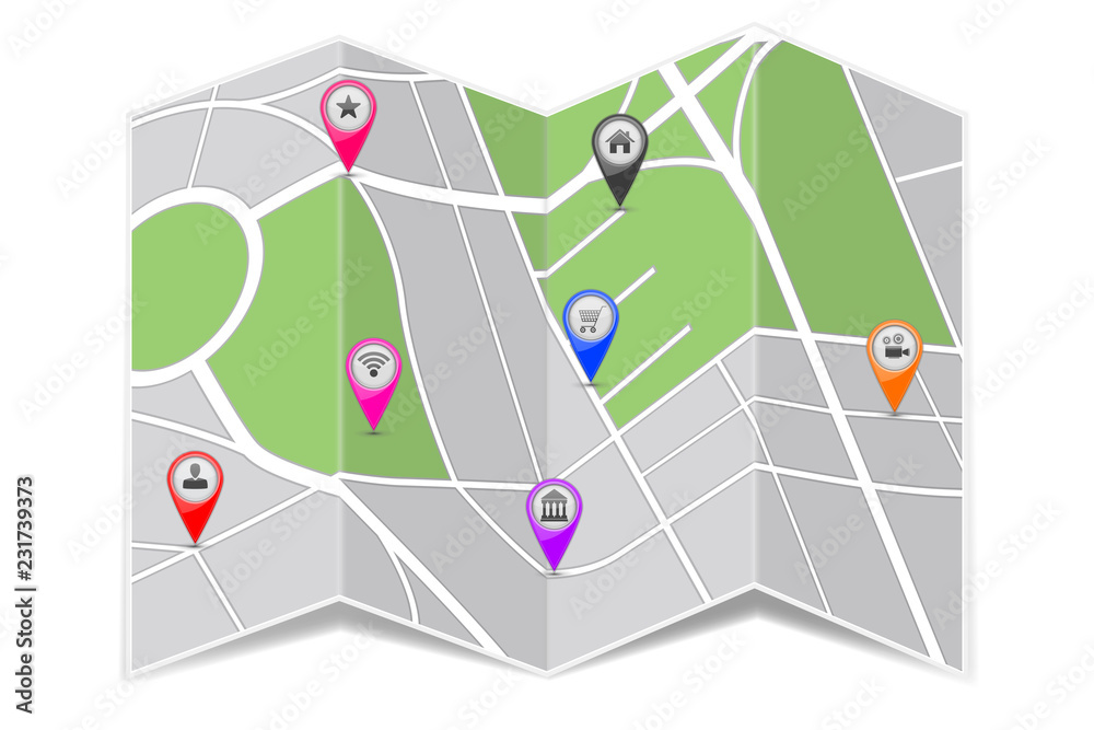 Folded paper city map. Zoom out view. With popular location markers ...