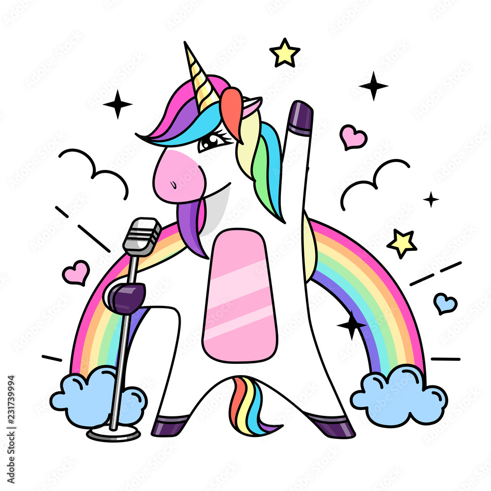 Vector illustration of fantasy animal horse unicorn singing in ...