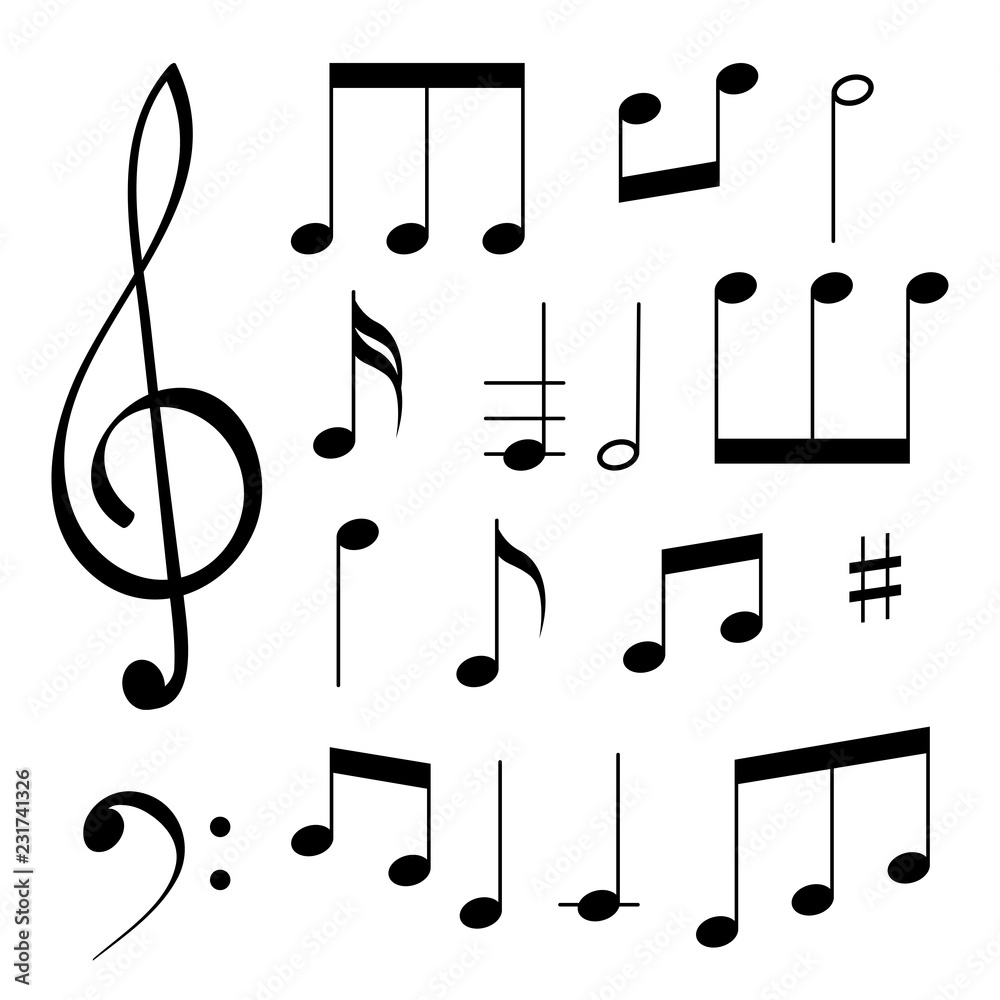 Music signs. White notes and symbols on black background Stock Vector ...