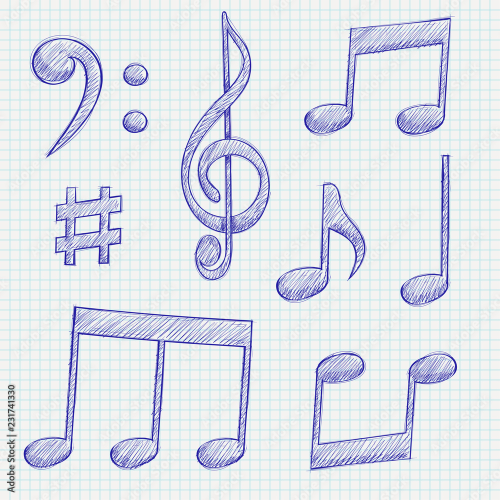Music signs. Blue notes and symbols on lined paper background Stock ...