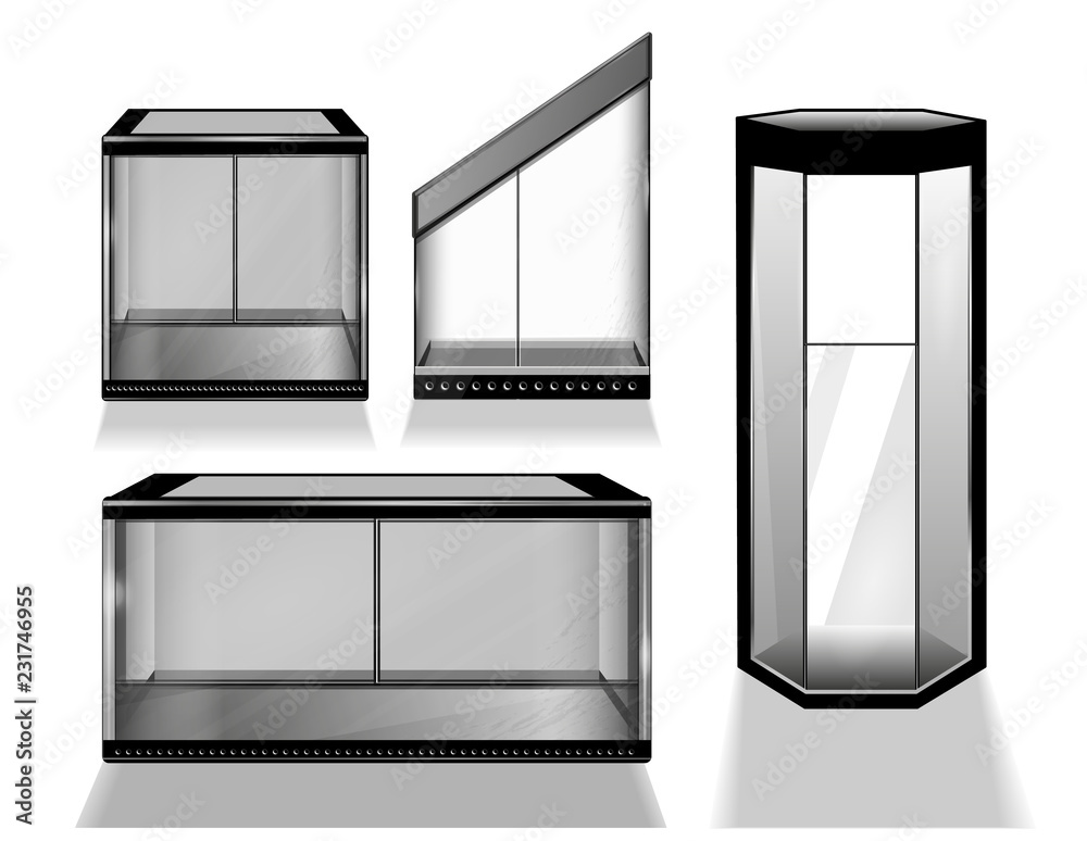 transparent glass terrariums with sliding doors. High and low different ...