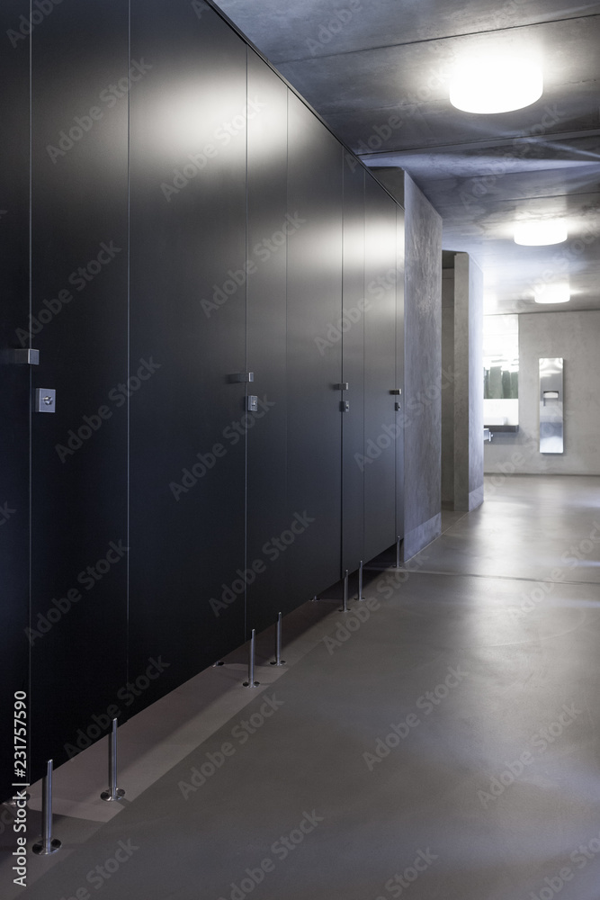 Modern restroom in public building with black doors, New equipped ...
