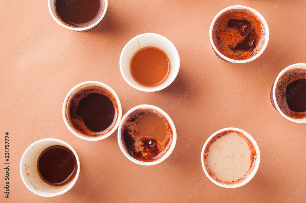 Full and empty coffee cups with different types of coffee Stock Photo ...