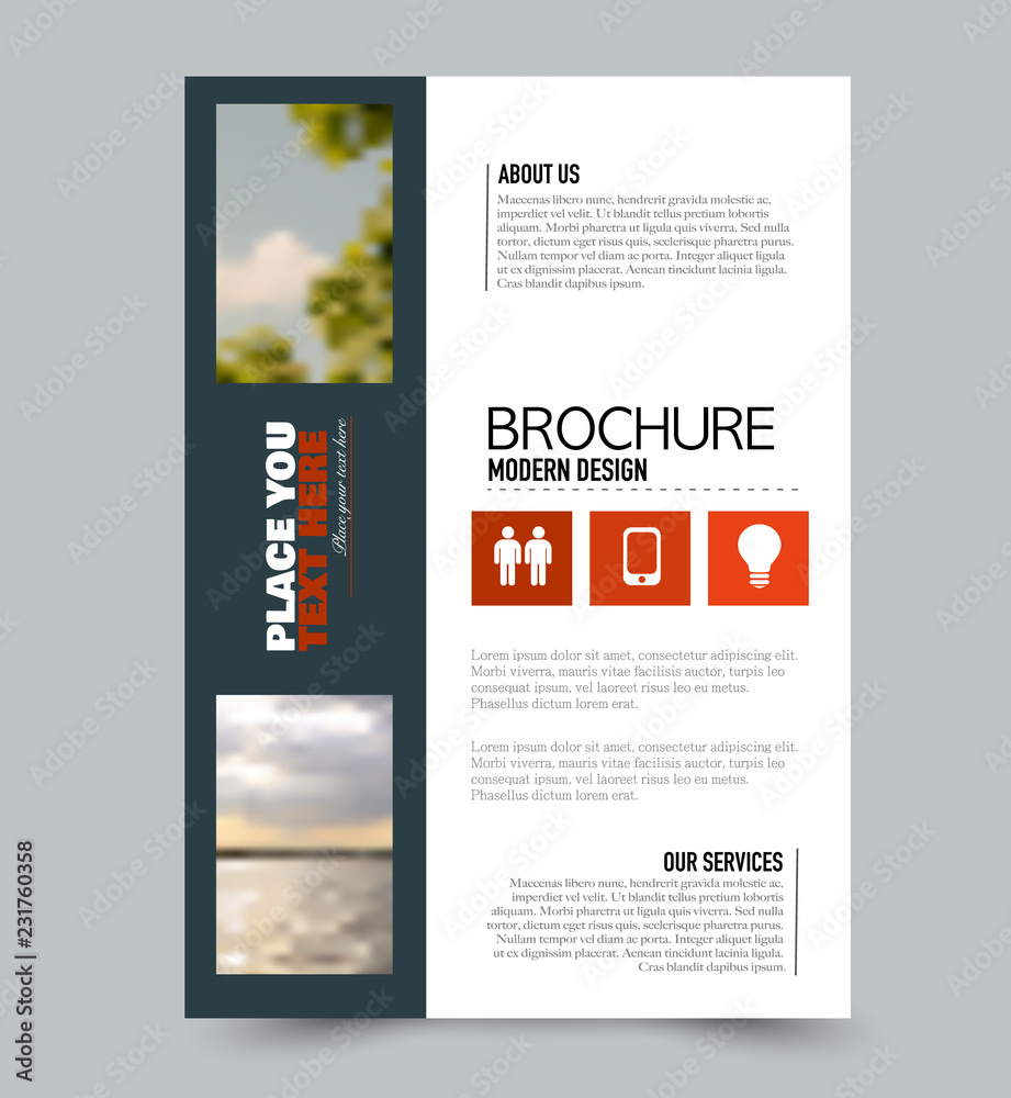 Red and grey flyer design template with built in images. Brochure for business, education ...