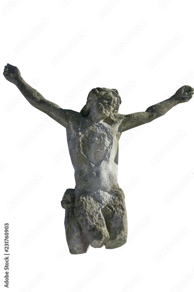Partially destroyed ancient statue of the crucifixion of Jesus Christ ...