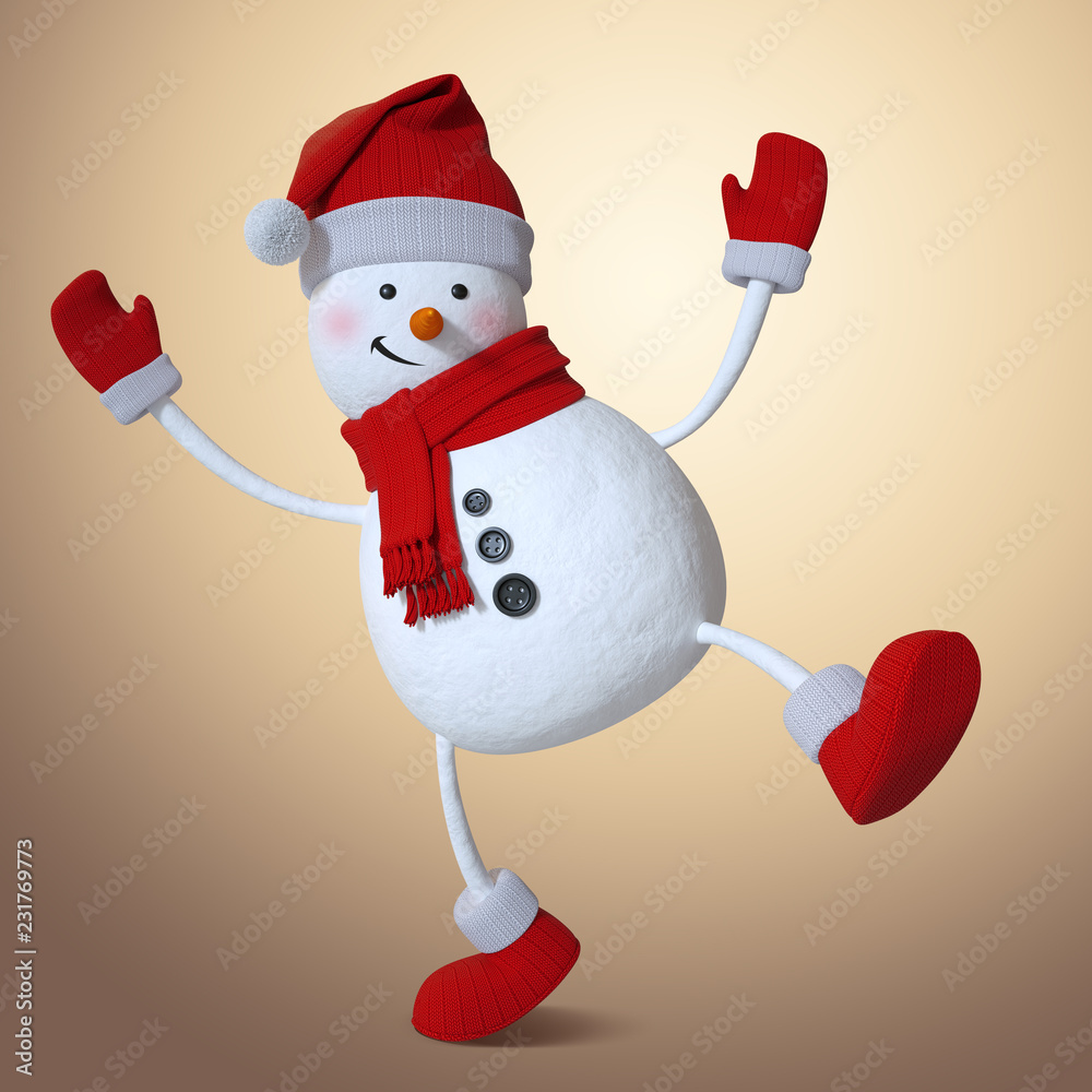 3d render, funny snowman cartoon character, standing, walking, dancing ...