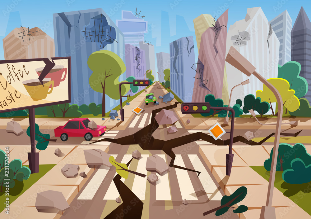 Realistic earthquake with ground crevices in cartoon ruined urban city ...