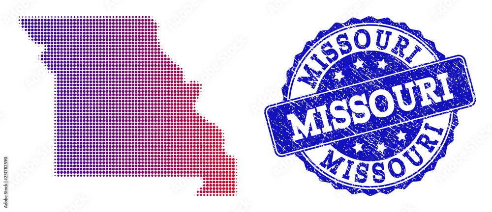 Halftone dot map of Missouri State and blue grunge stamp. Vector ...